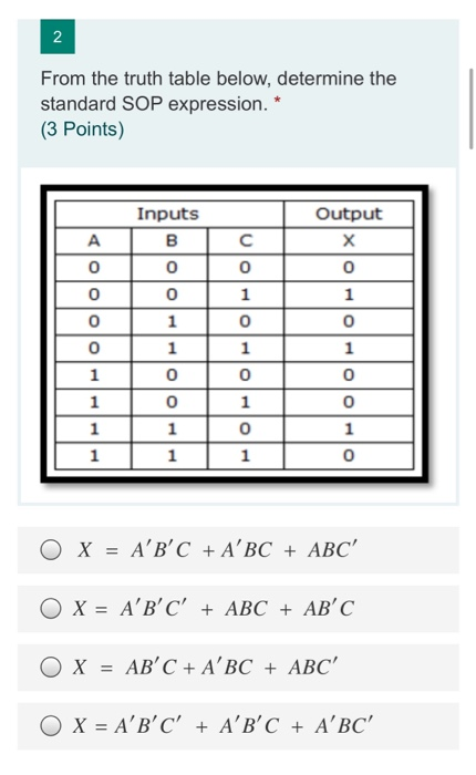 Solved 2 From the truth table below, determine the standard | Chegg.com