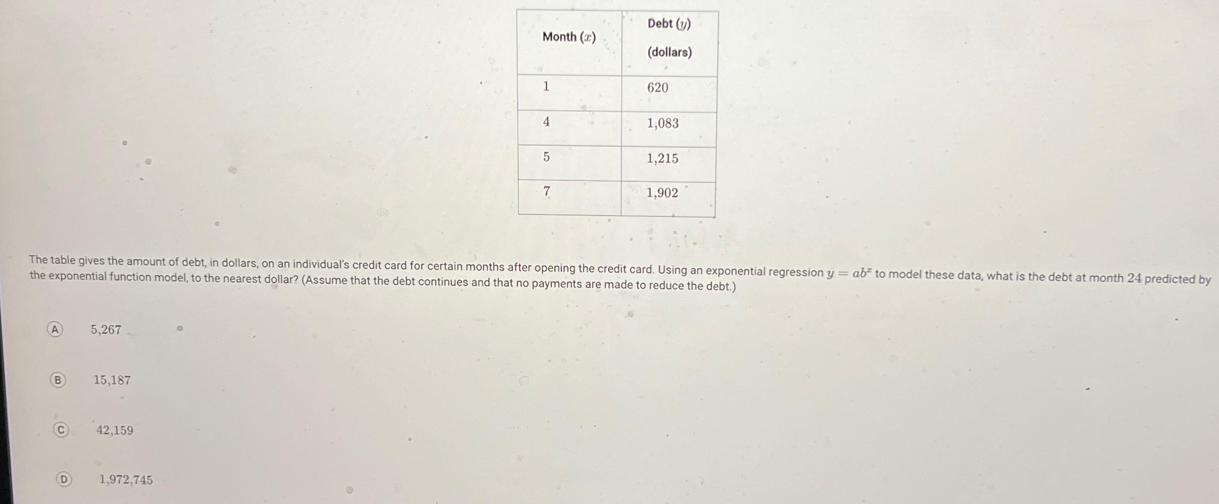 Solved \table[[Month (x),\table[[Debt (y)The table gives the | Chegg.com