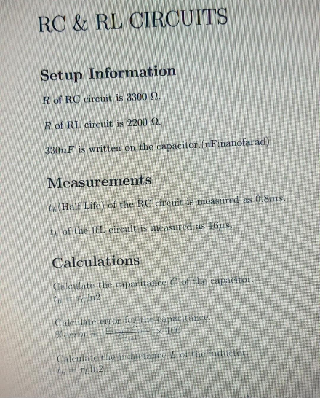 Solved RC & RL CIRCUITS Setup Information R of RO circuit is | Chegg.com