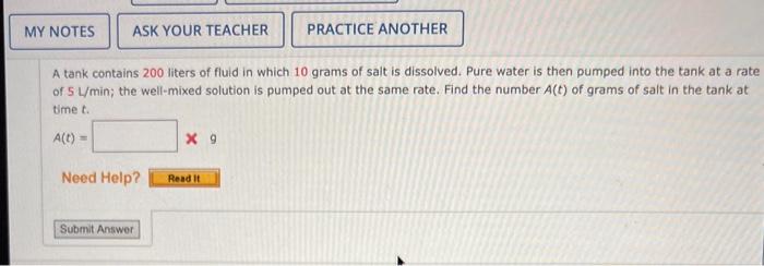 Solved A tank contains 200 liters of fluid in which 10 grams | Chegg.com
