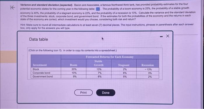 Solved Varlance and standard deviation (expected). Bacon and | Chegg.com