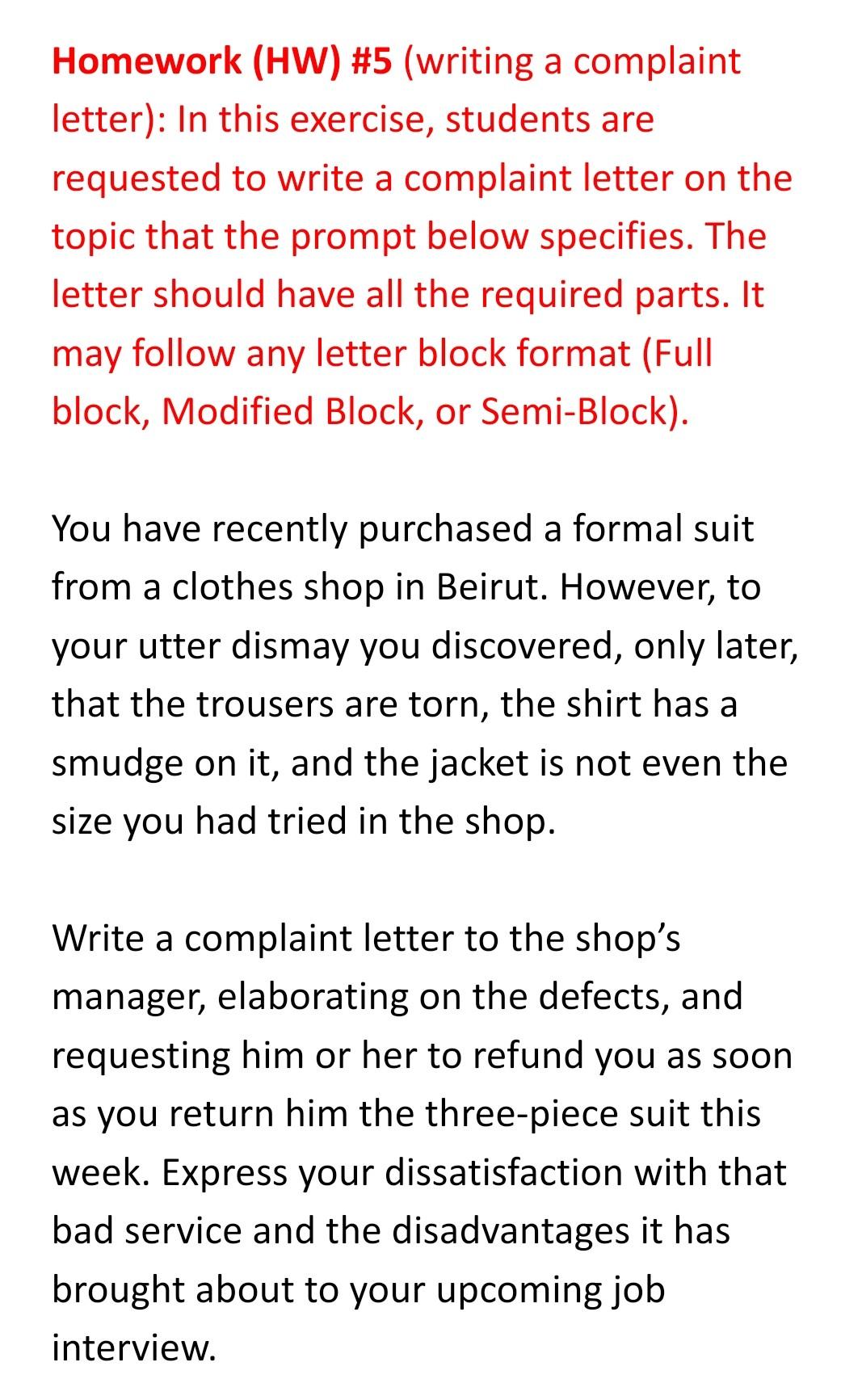 Homework (HW) #5 (writing a complaint letter): In | Chegg.com