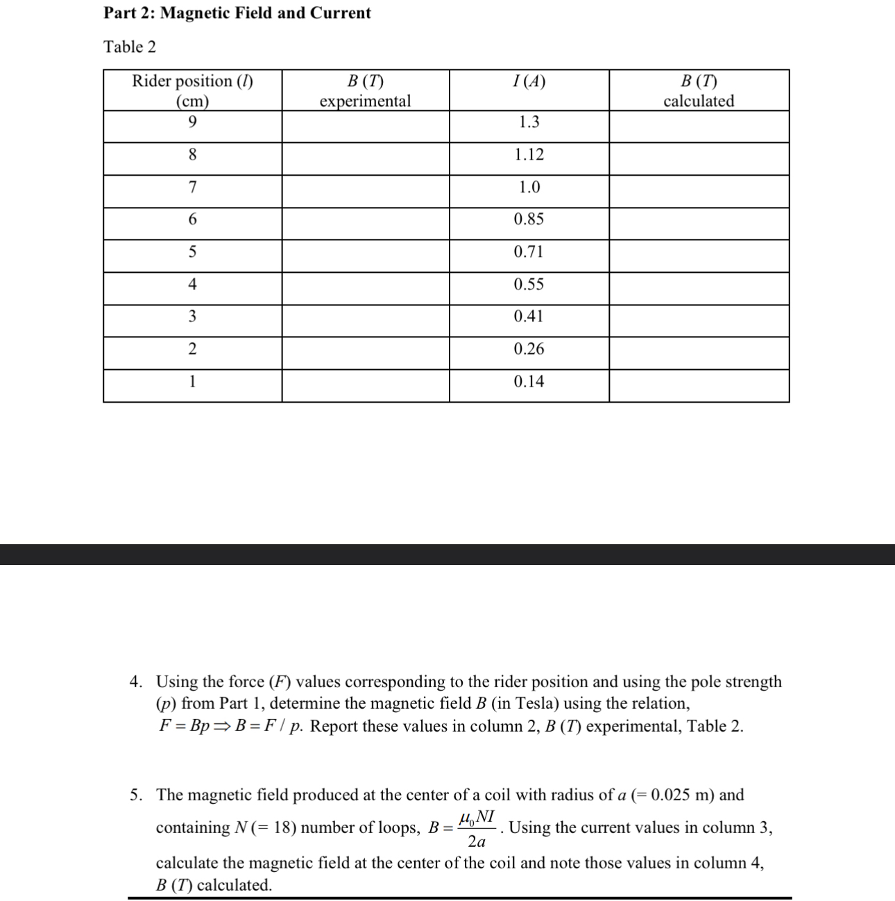 Part 2: Magnetic Field and CurrentTable | Chegg.com