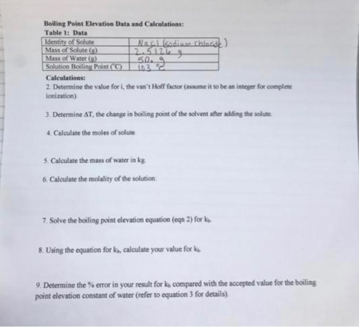 Solved Boiling Point Elevation Data and Calculations: Tahle | Chegg.com