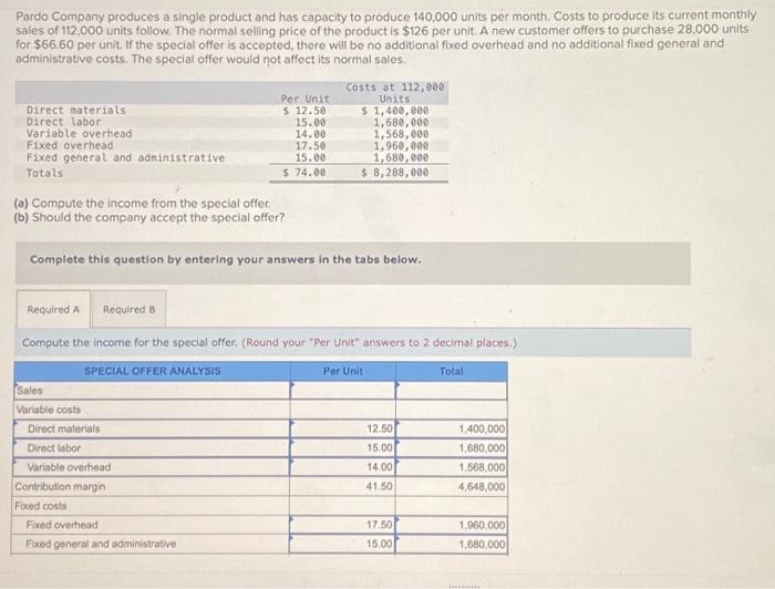 Solved Pardo Company produces a single product and has | Chegg.com