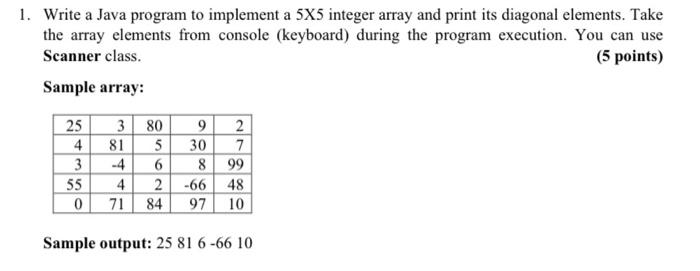 Solved 1. Write a Java program to implement a 5X5 integer | Chegg.com