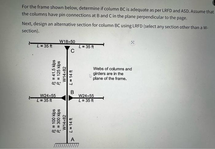 Solved For the frame shown below, determine if column BC is | Chegg.com