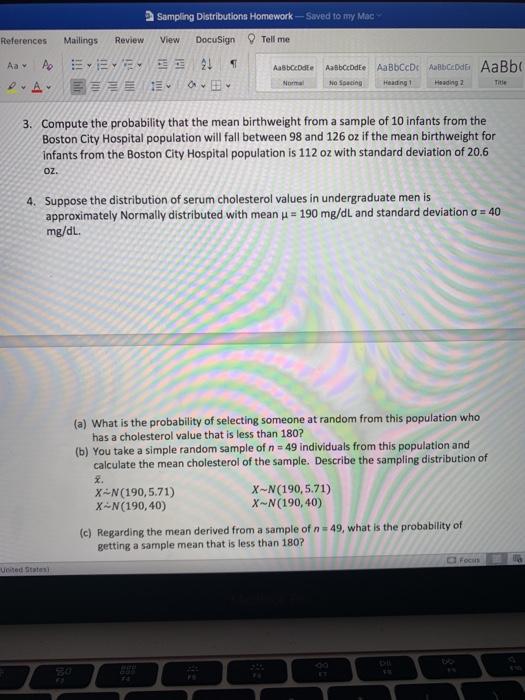 Solved Sampling Distributions Homework - Saved to my Mac | Chegg.com