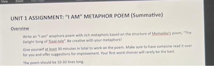 UNIT 1 ASSIGNMENT: "I AM" METAPHOR POEM (Summative) | Chegg.com