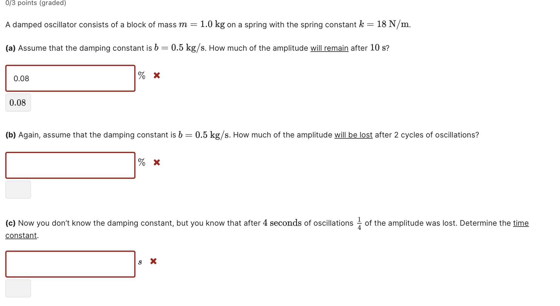 Solved L3.21 ﻿A block-spring damped oscillator 0/3 ﻿points | Chegg.com