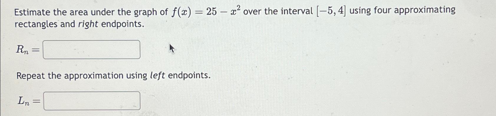 Solved Estimate the area under the graph of f(x)=25-x2 ﻿over | Chegg.com