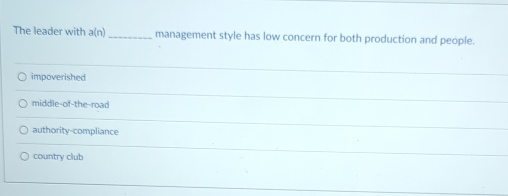 Solved The leader with a(n) ﻿management style has low | Chegg.com