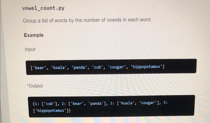Solved Group a list of words by the number of vowels in each | Chegg.com