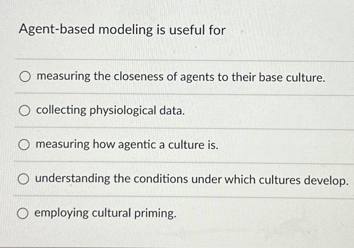 Solved Agent-based modeling is useful formeasuring the | Chegg.com
