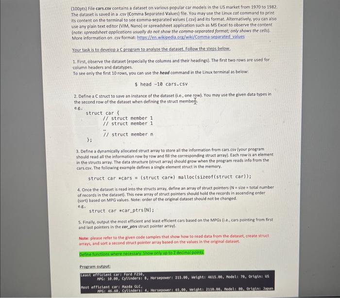 (100pts) File cars.csv contains a dataset on various | Chegg.com