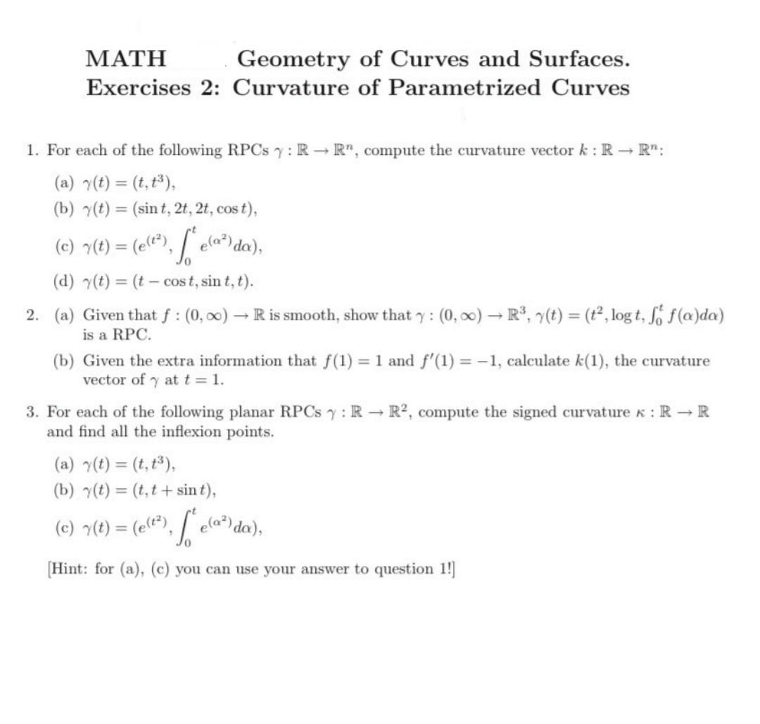 Solved MATH Geometry of Curves and Surfaces. Exercises 2: | Chegg.com