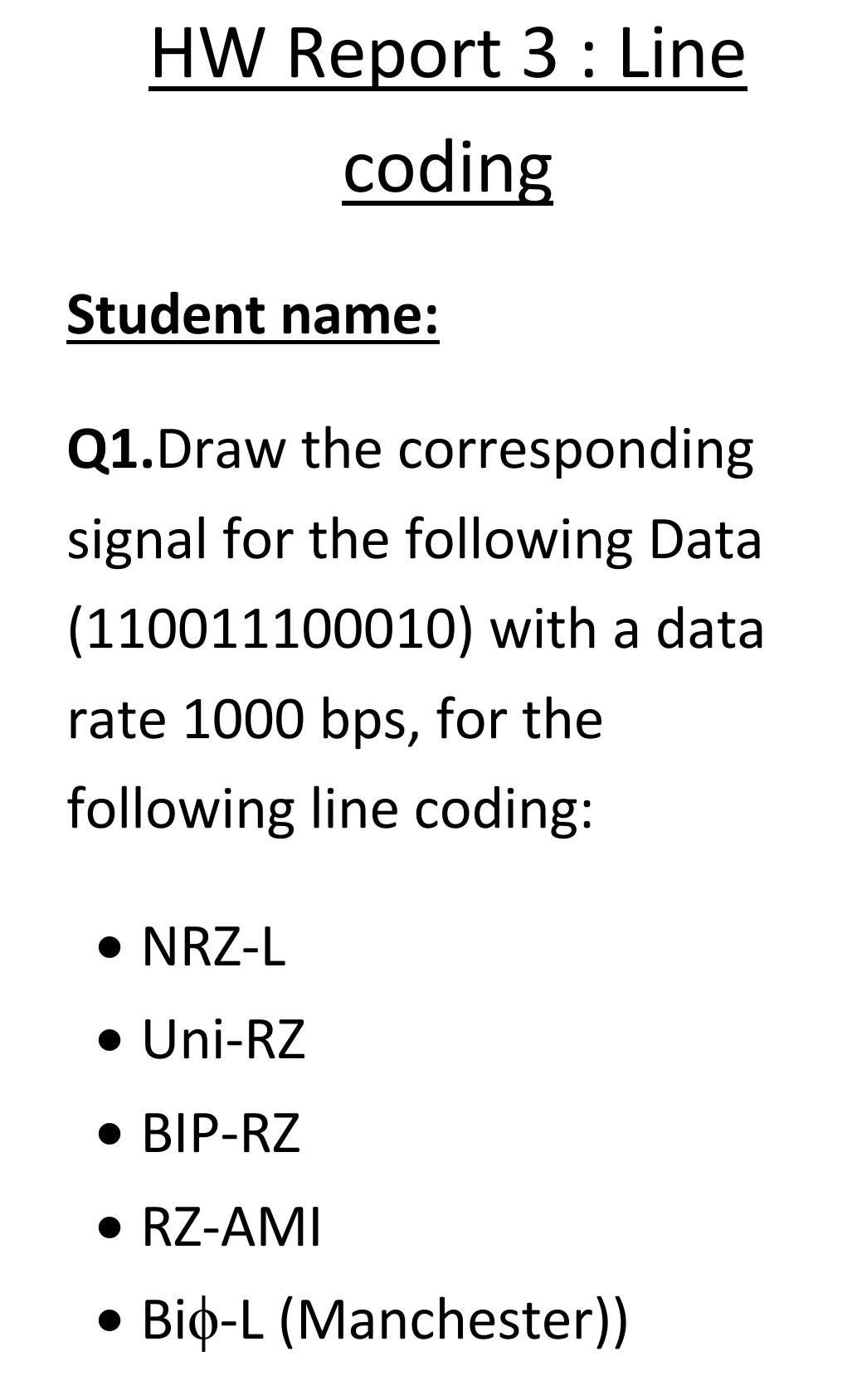 Solved HW Report 3: Line coding Student name: Q1.Draw the | Chegg.com