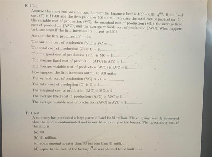 Solved R 11-1 Assume the short run variable cost function | Chegg.com