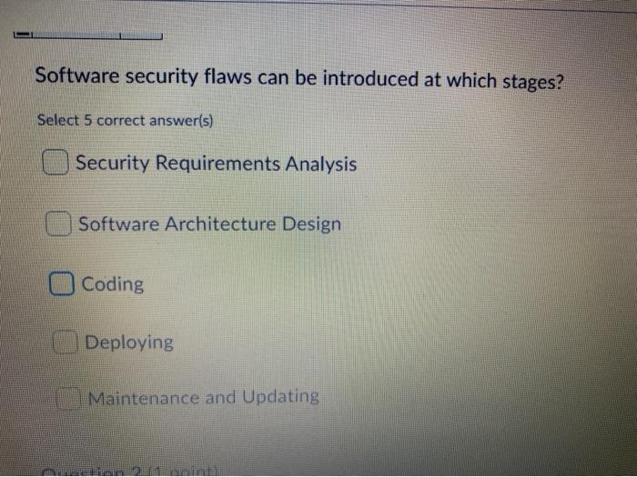 Solved Software security flaws can be introduced at which | Chegg.com