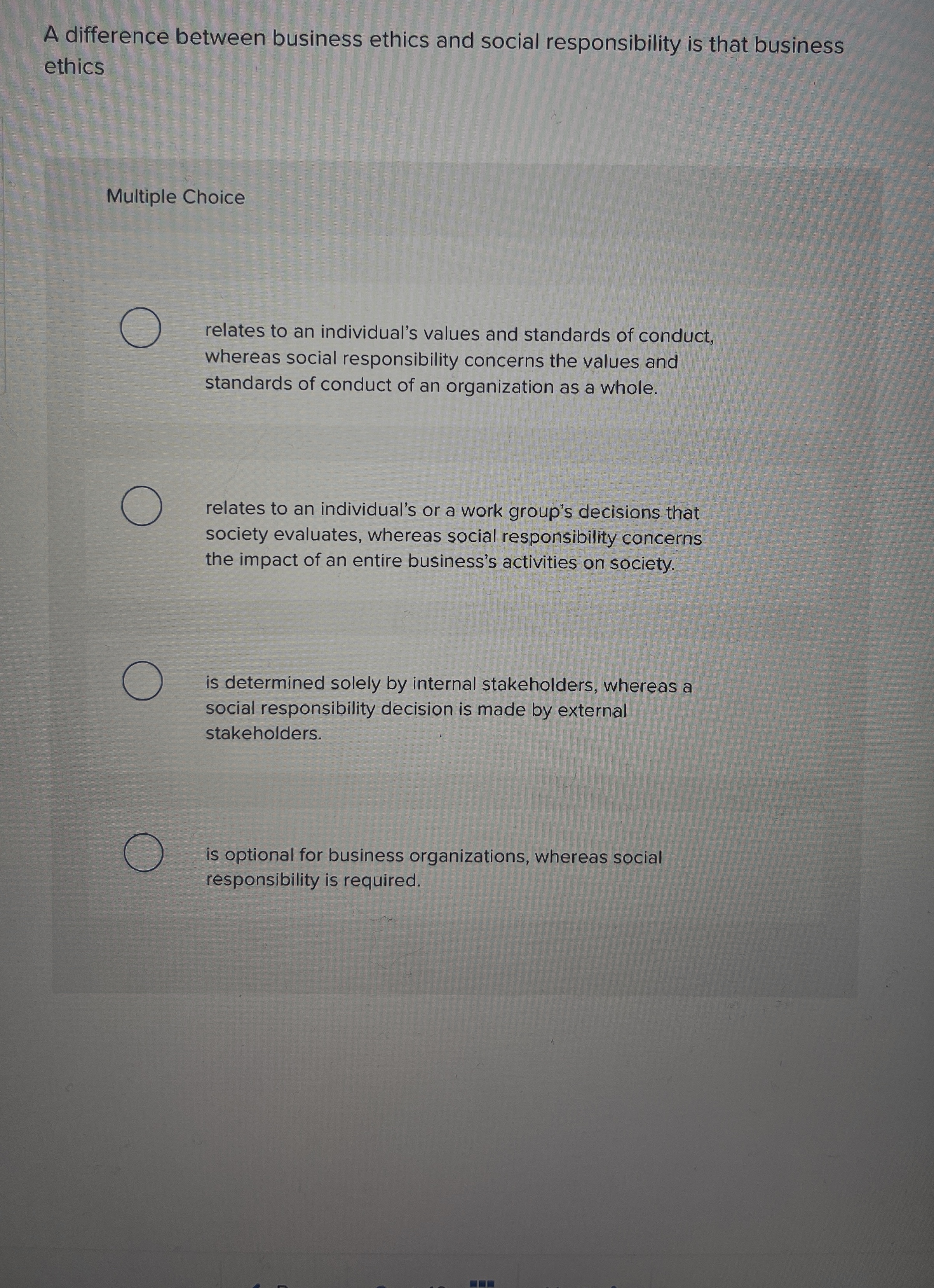 Solved A difference between business ethics and social | Chegg.com