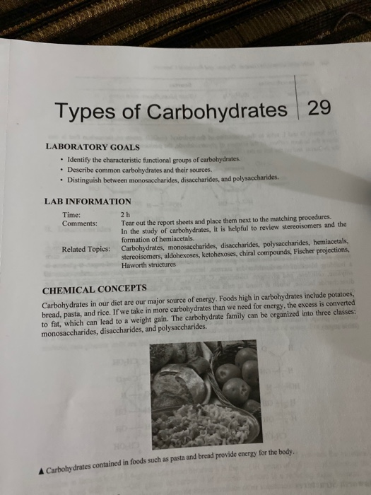 Solved Types of Carbohydrates 29 LABORATORY GOALS • Identify | Chegg.com