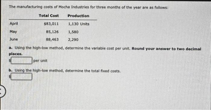 Solved The manufacturing costs of Mocha Industries for three | Chegg.com
