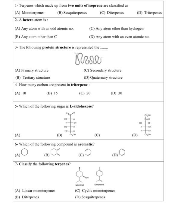 Solved 1- Terpenes which made up from two units of isoprene | Chegg.com