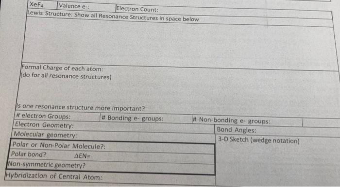 Solved \begin{tabular}{|l|l|l} \hline XeF2 & Valence e-: & | Chegg.com