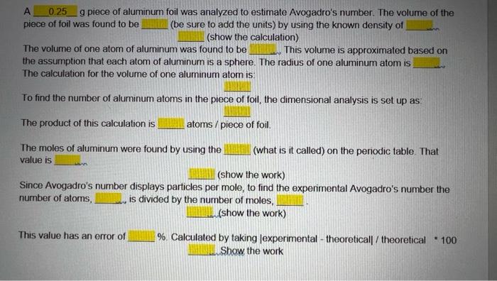 Solved please help me fill blank spaces up. aluminium foil | Chegg.com