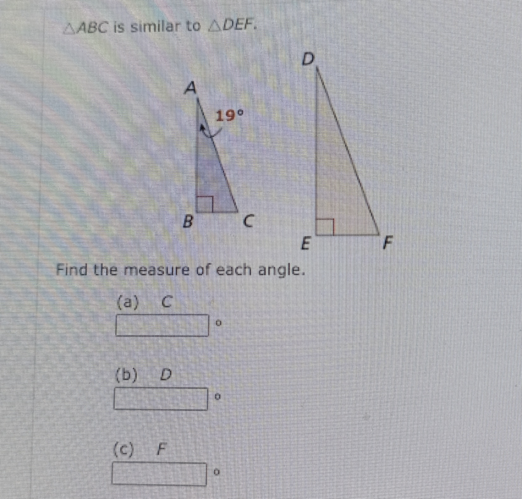 Solved ????ABC ﻿is similar to ????DEF.Find the measure of | Chegg.com