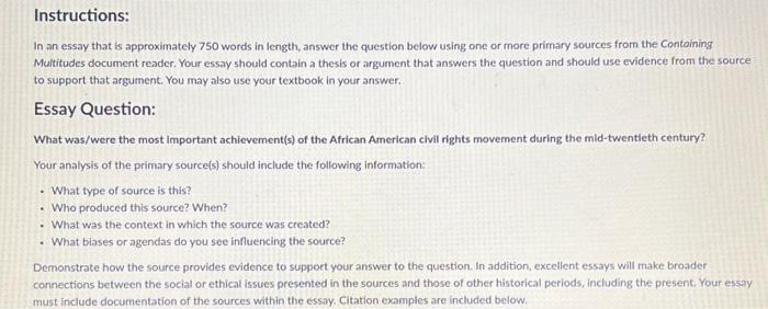 Instructions: In an essay that is approximately 750 | Chegg.com