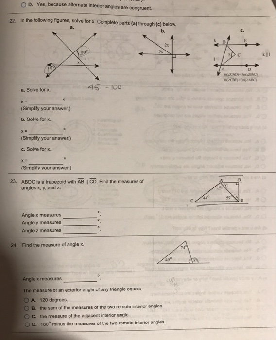 Solved D. Yes, because alternate interior angles are | Chegg.com