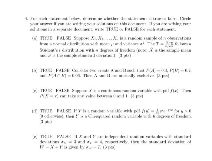 Solved 4. For each statement below, determine whether the | Chegg.com