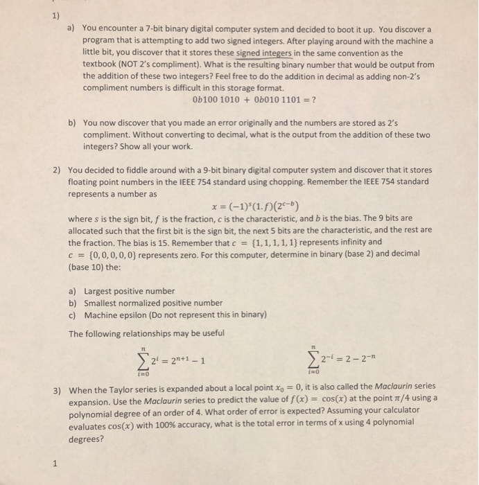 Solved 1) a) You encounter a 7-bit binary digital computer | Chegg.com