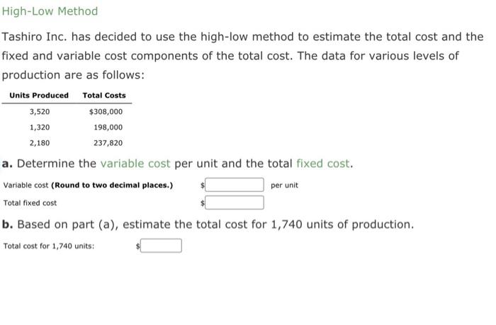 Solved Tashiro Inc. has decided to use the high-low method | Chegg.com