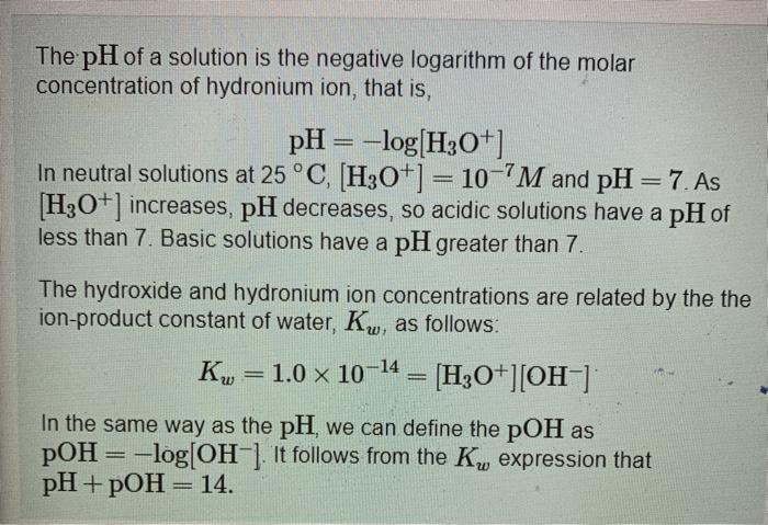 Solved The pH of a solution is the negative logarithm of the | Chegg.com