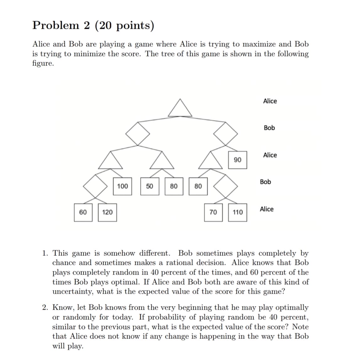Solved Problem 2 (20 ﻿points)Alice and Bob are playing a | Chegg.com