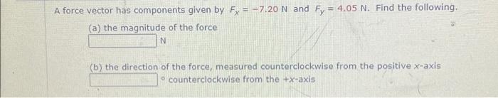 Solved A force vector has components given by Fx=−7.20 N and | Chegg.com