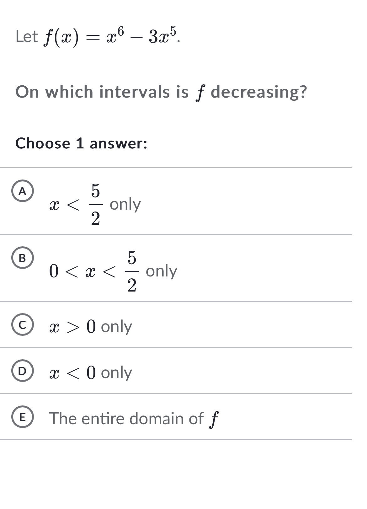 Solved Let f(x)=x6-3x5.On which intervals is f | Chegg.com