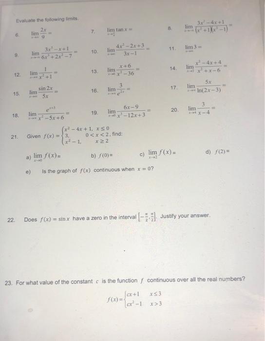 Solved Name AP Calculus AB - Limits & Continuity Review 1 | Chegg.com