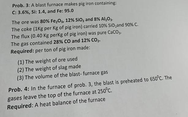 Solved Prob. 3: A blast furnace makes pig iron containing: | Chegg.com