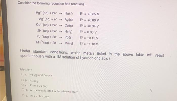 Solved Consider The Following Reduction Half Reactions