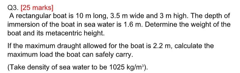 Solved Q3. [25 marks] A rectangular boat is 10 m long, 3.5 m | Chegg.com