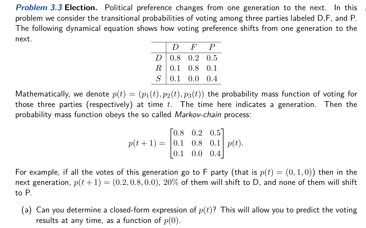 Solved Problem 3.3 ﻿Election. Political preference changes | Chegg.com