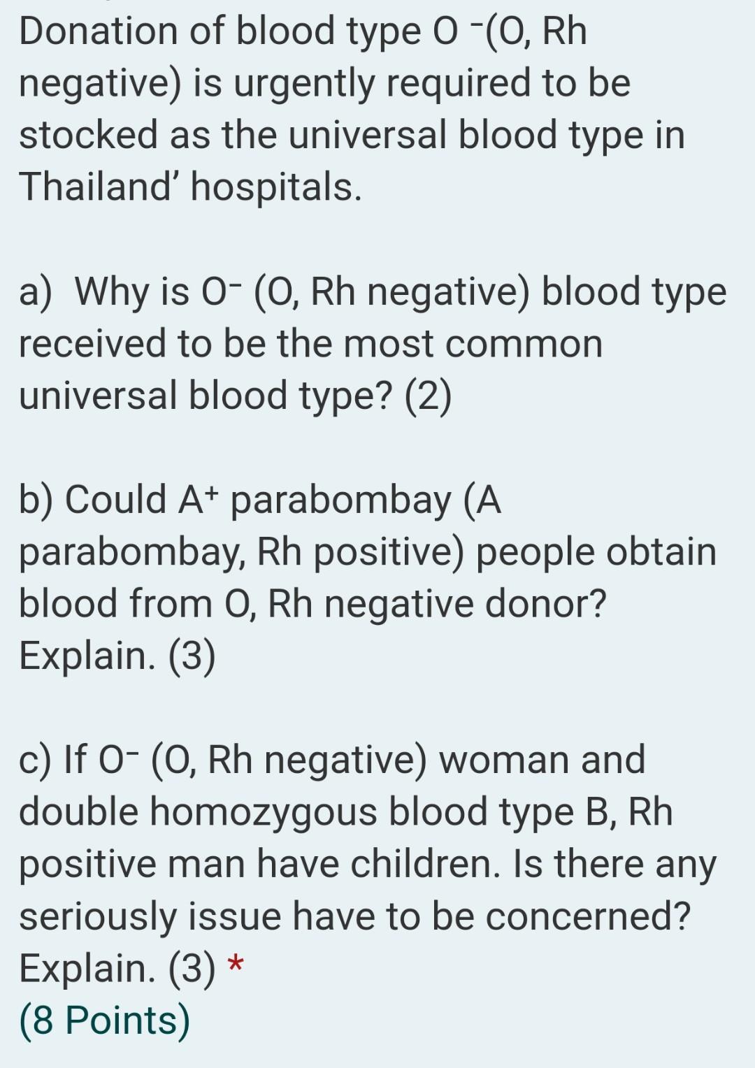Solved Donation of blood type O -(O, Rh negative) is | Chegg.com