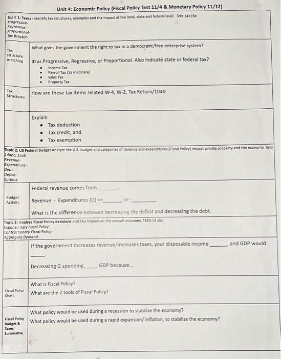 Solved Unit 4: Economic Policy (Fiscal Policy Test 11/4 & | Chegg.com