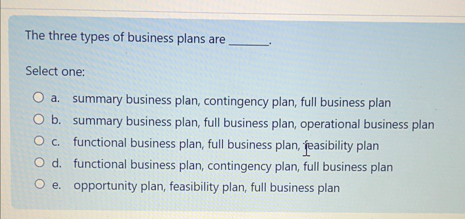 Solved The three types of business plans areSelect one:a. | Chegg.com