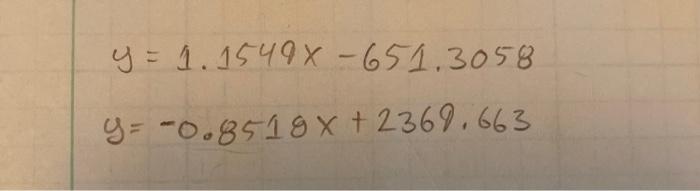 Solved y = 1.1549X - 651.3058 y = -0.8518x + 2368.663 | Chegg.com