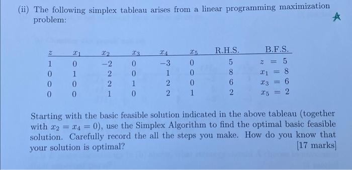 Solved ii) The following simplex tableau arises from a | Chegg.com