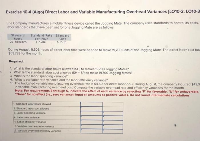 Solved Exercise 10-4 (Algo) Direct Labor and Variable | Chegg.com